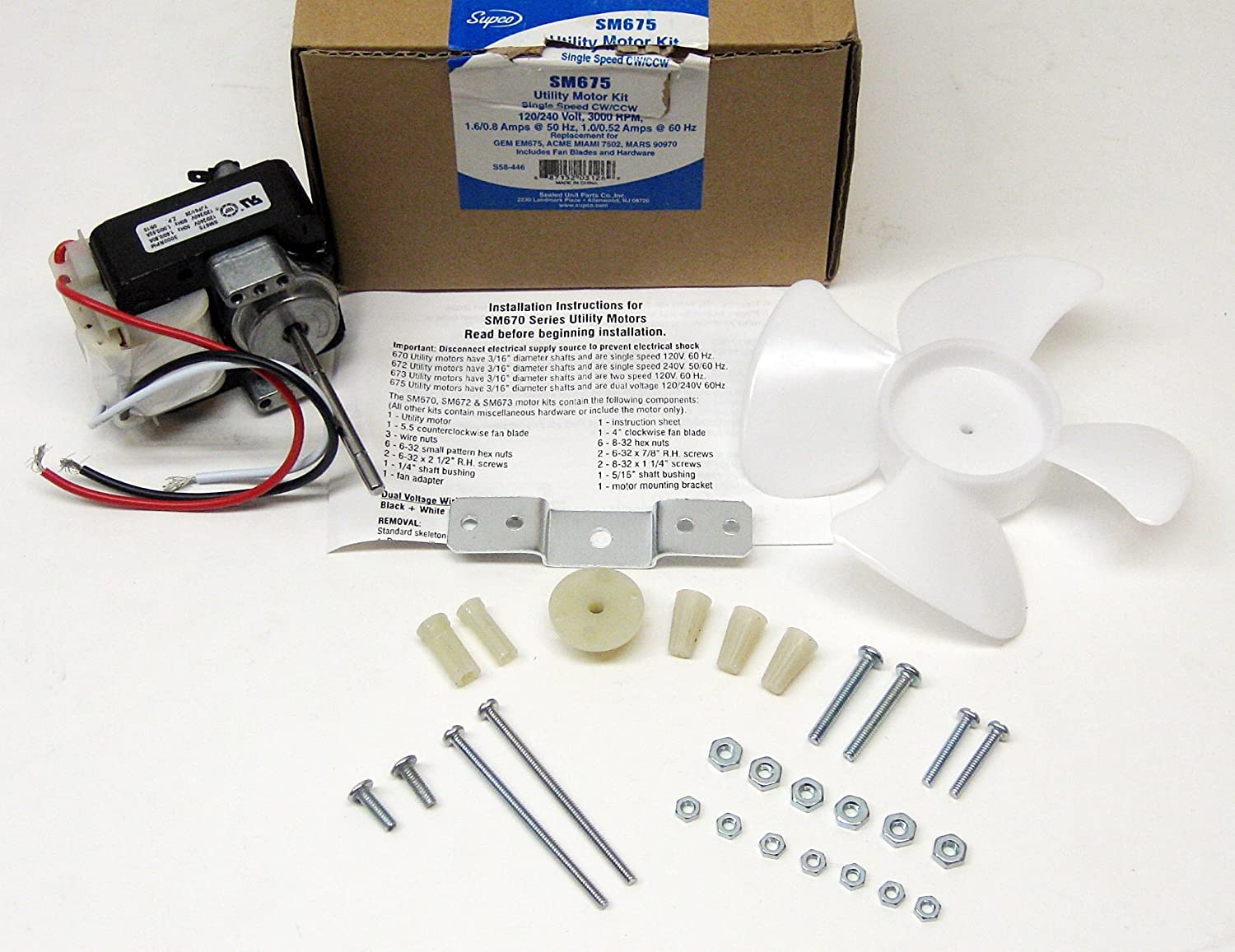 Supco SM675 Utility Motor Kit Single Speed Replaces 90970, 7502, EM675 ...